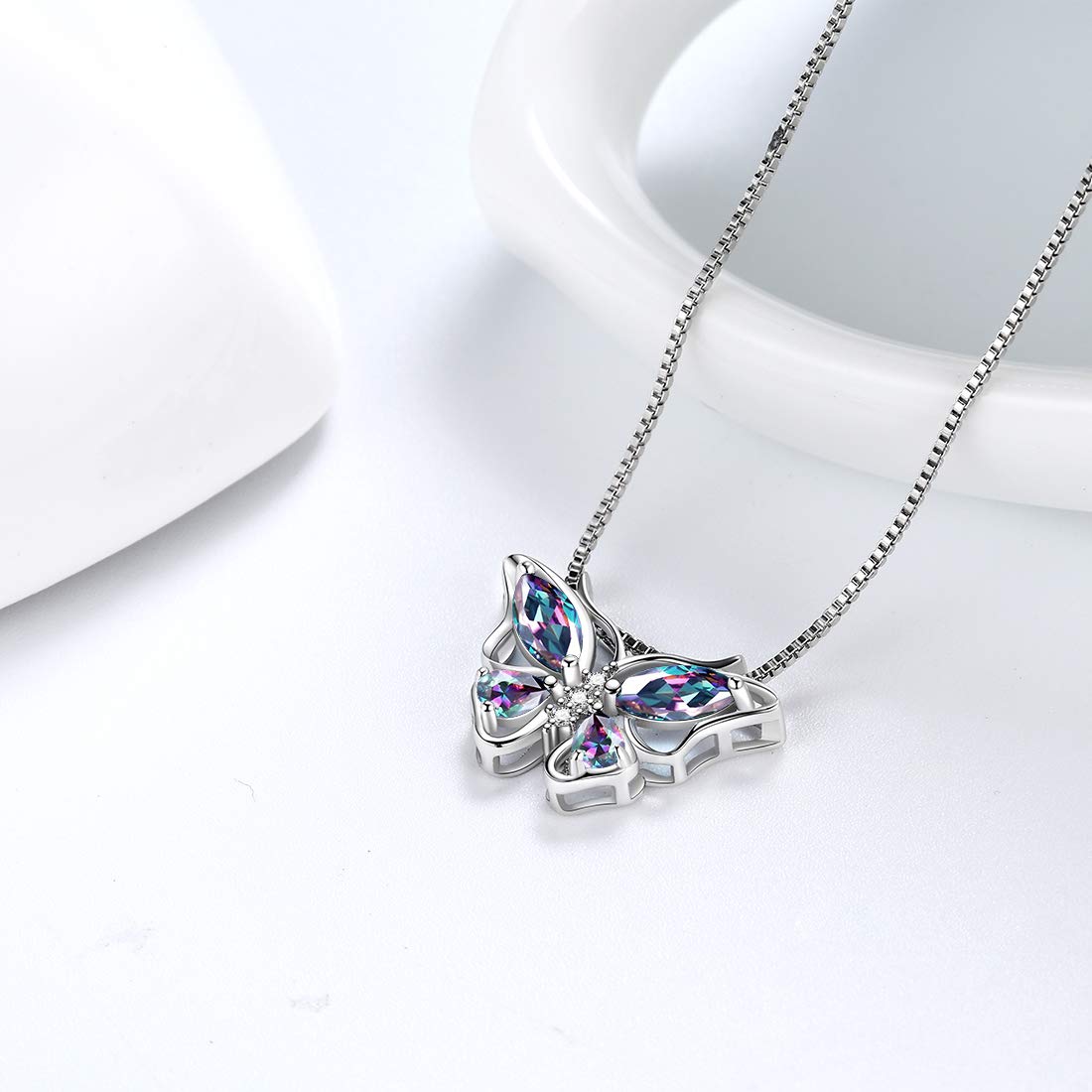 Aurora Tears 925 Sterling Silver Butterfly Necklace,Women Butterflies Birthstone Pendant Necklace for Birthday Wedding Gift