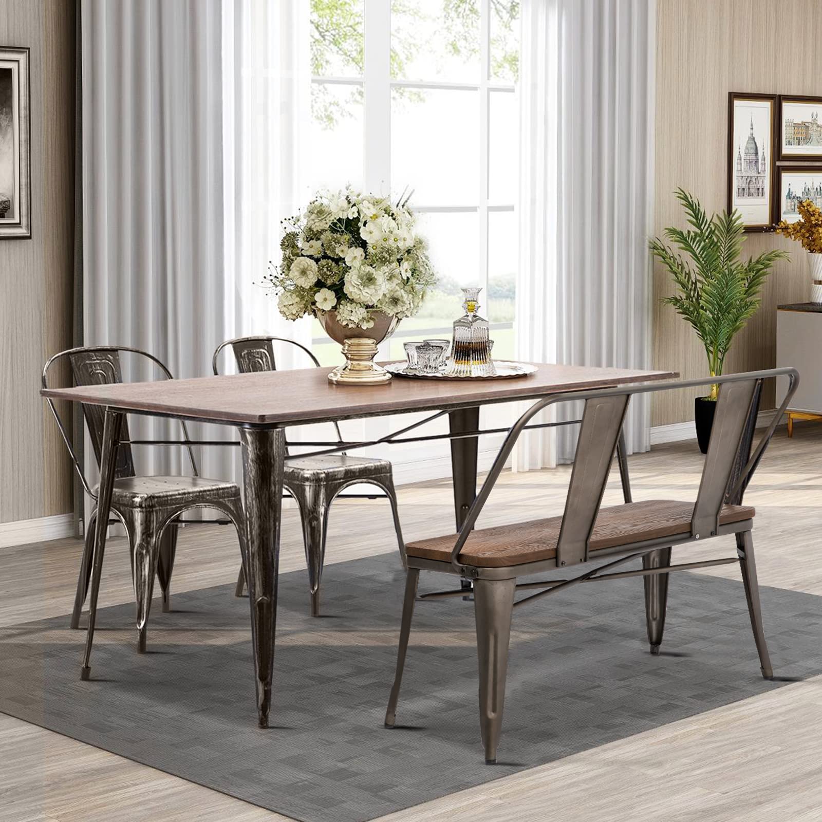YOLENY EROMMY Metal Bench Industrial Mid-Century 2 Person Chair with Wood Seat,Dining Bench with Floor Protector Copper AZ1006