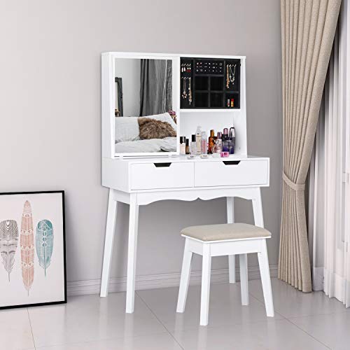LYNSLIM Vanity Desk, Makeup Vanity with Mirror & LED Lights,Makeup Vanity Table with 2 Drawers & 4 Storage,Small Vanity Set Storage Stool for Dressing Bedroom (White, Extra)