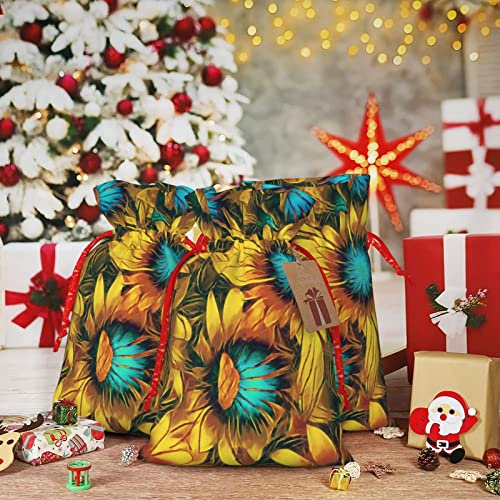 Drawstrings Christmas Gift Bags Floral-Sunflower Presents Wrapping Bags Xmas Gift Wrapping Sacks Pouches Medium
