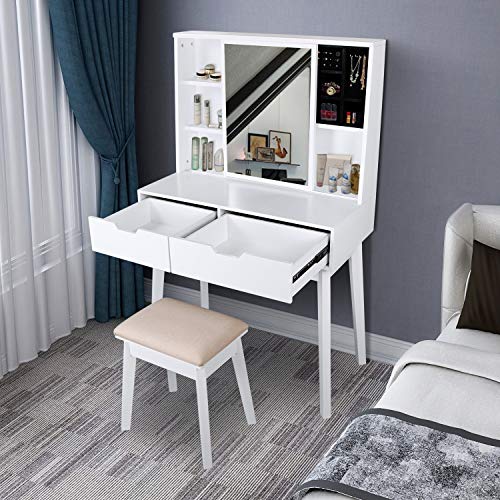 LYNSLIM Vanity Desk, Makeup Vanity with Mirror & LED Lights,Makeup Vanity Table with 2 Drawers & 4 Storage,Small Vanity Set Storage Stool for Dressing Bedroom (White, Extra)