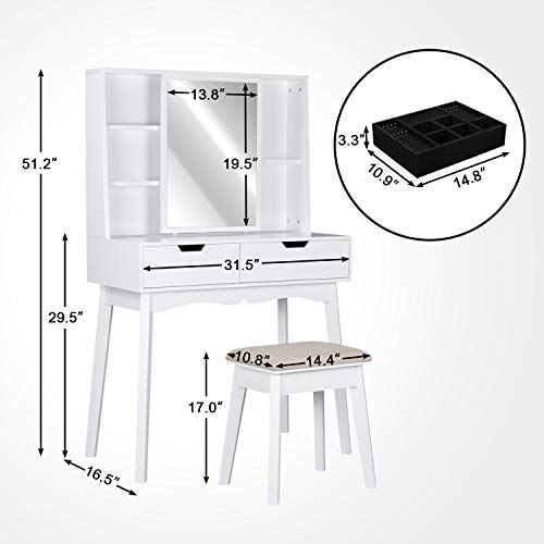 LYNSLIM Vanity Desk, Makeup Vanity with Mirror & LED Lights,Makeup Vanity Table with 2 Drawers & 4 Storage,Small Vanity Set Storage Stool for Dressing Bedroom (White, Extra)