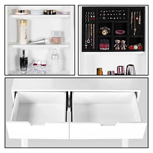 LYNSLIM Vanity Desk, Makeup Vanity with Mirror & LED Lights,Makeup Vanity Table with 2 Drawers & 4 Storage,Small Vanity Set Storage Stool for Dressing Bedroom (White, Extra)