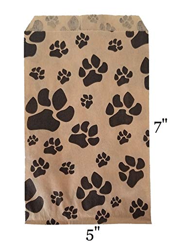 N'ice Packaging 100 Bags Flat Plain Paper or Patterned Bags for candy, cookies, merchandise, pens, Party favors, Gift bags (5" x 7", Paw Print)