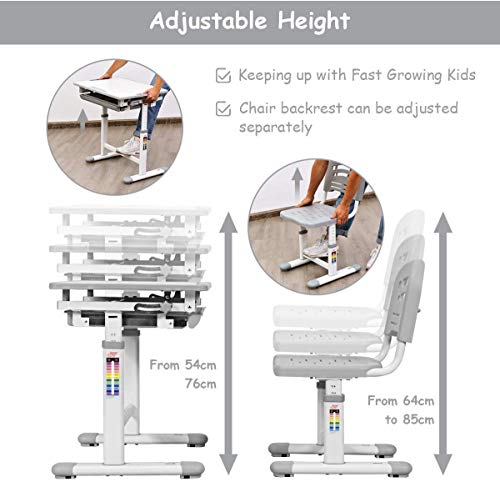 Diroan Kids Multifunctional Desk and Chair Set, Height Adjustable Children School Study Desk with Large Tilt Desktop, Metal Hook and Storage Drawer for Boys Girls, Grey