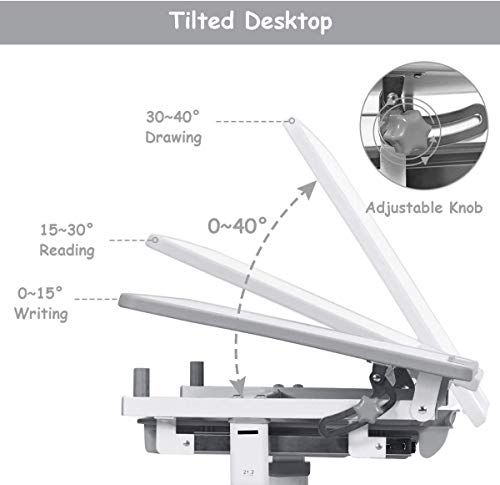 Diroan Kids Multifunctional Desk and Chair Set, Height Adjustable Children School Study Desk with Large Tilt Desktop, Metal Hook and Storage Drawer for Boys Girls, Grey