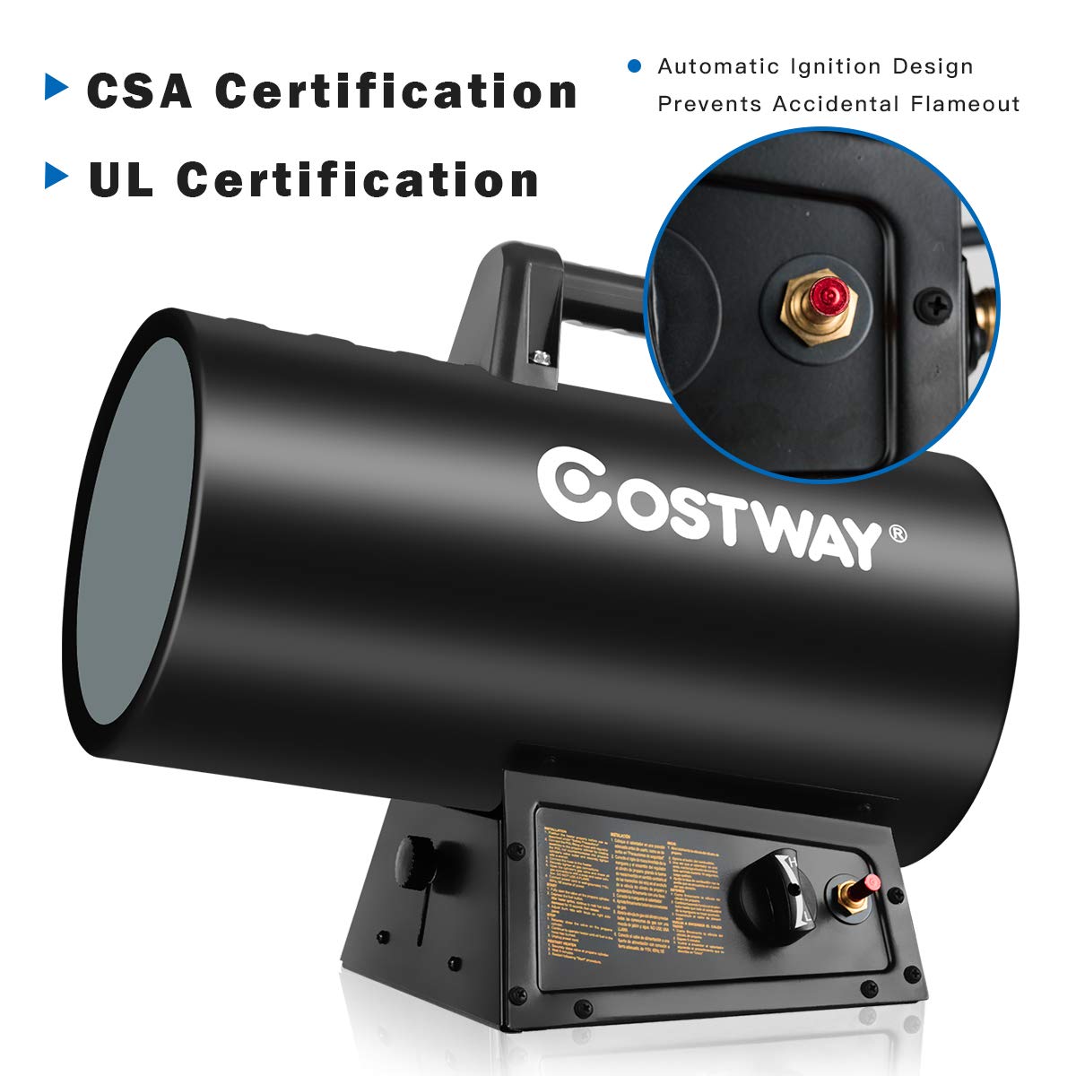 COSTWAY 60,000 BTU Forced Air Propane Heater, Space Heater with Overheat & Cut-off Protection, Portable Gas Heater Propane Heater for Garage, Warehouse, Workshop, Farm, Black