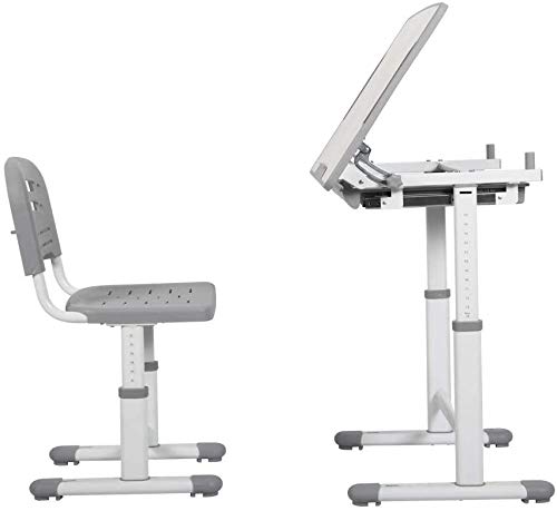Diroan Kids Multifunctional Desk and Chair Set, Height Adjustable Children School Study Desk with Large Tilt Desktop, Metal Hook and Storage Drawer for Boys Girls, Grey