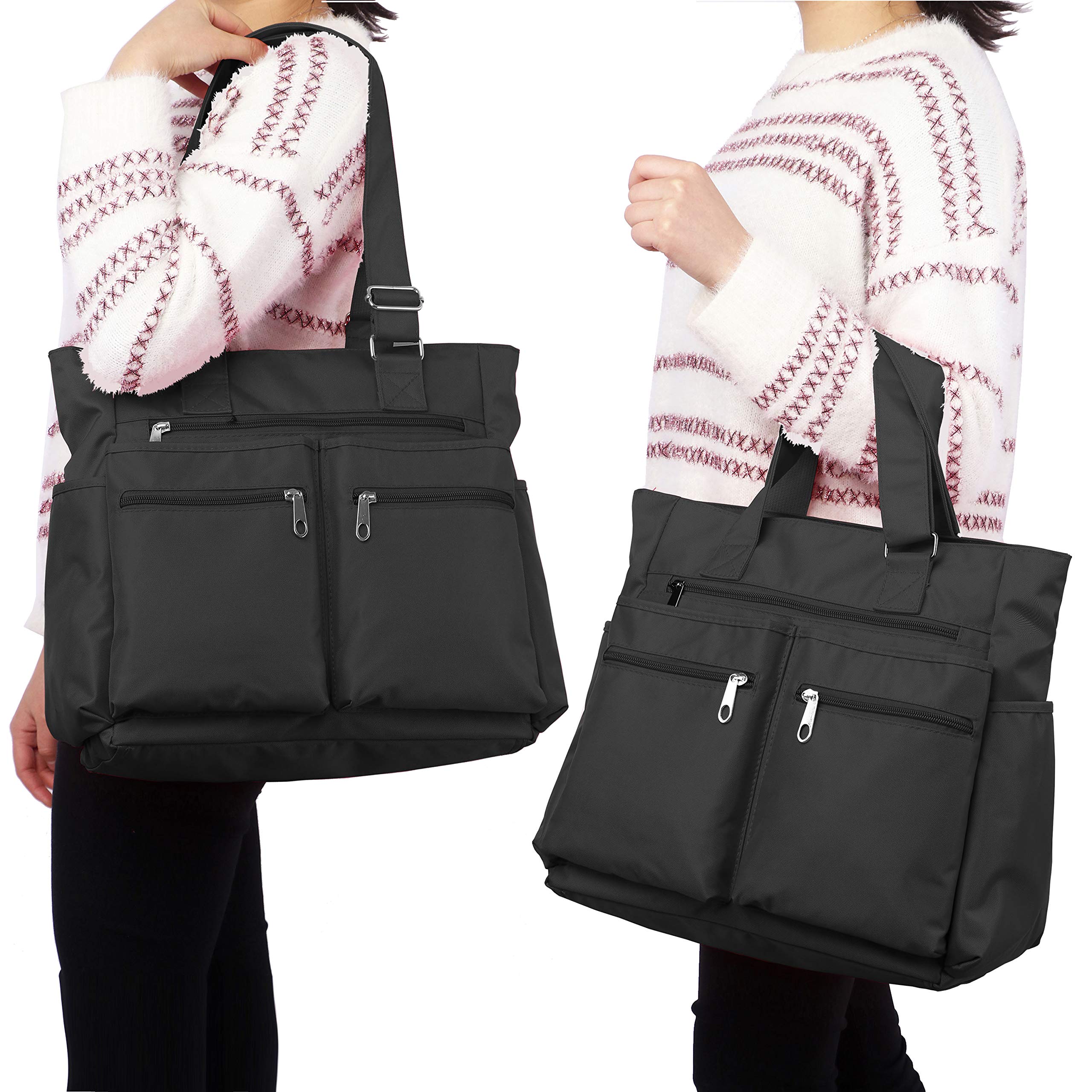 Canvas Tote Bag Waterproof Nylon Multi Pocket Shoulder Bags Laptop Work Bag Teacher Purse and Handbags for Women & Men (Black)