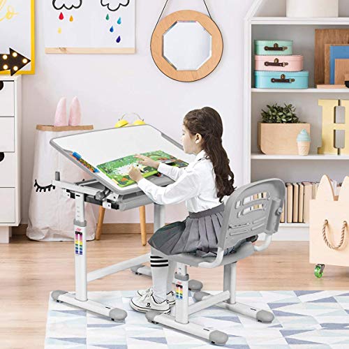 Diroan Kids Multifunctional Desk and Chair Set, Height Adjustable Children School Study Desk with Large Tilt Desktop, Metal Hook and Storage Drawer for Boys Girls, Grey