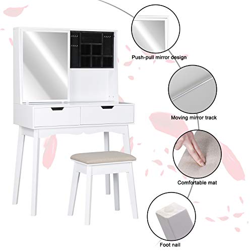 LYNSLIM Vanity Desk, Makeup Vanity with Mirror & LED Lights,Makeup Vanity Table with 2 Drawers & 4 Storage,Small Vanity Set Storage Stool for Dressing Bedroom (White, Extra)