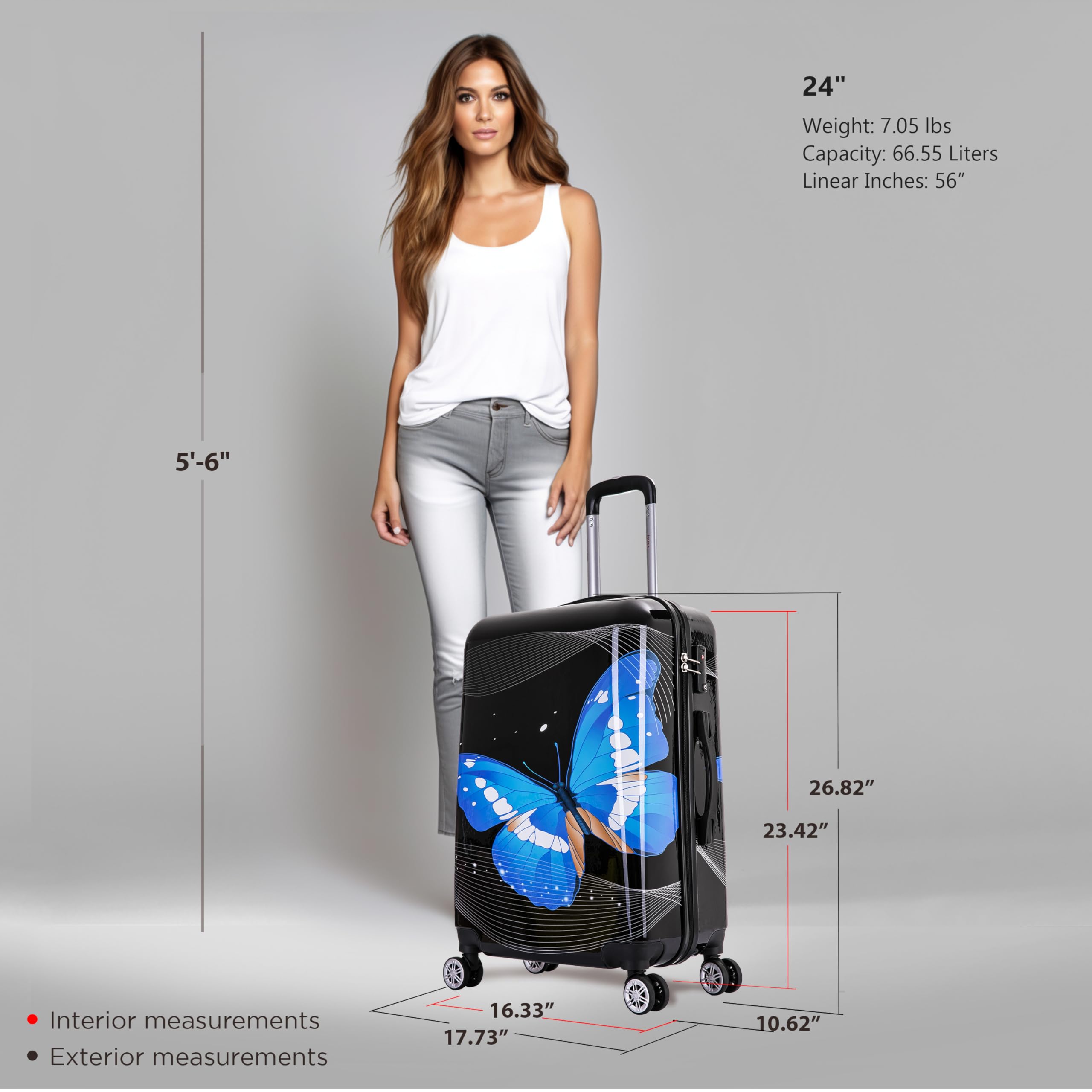 InUSA Black Butterfly Print Luggage with Spinner Wheels | Durable Lightweight Hardside Suitcase | Travel Bag with Handle and Trolley | 24-Inch Medium Checked luggage