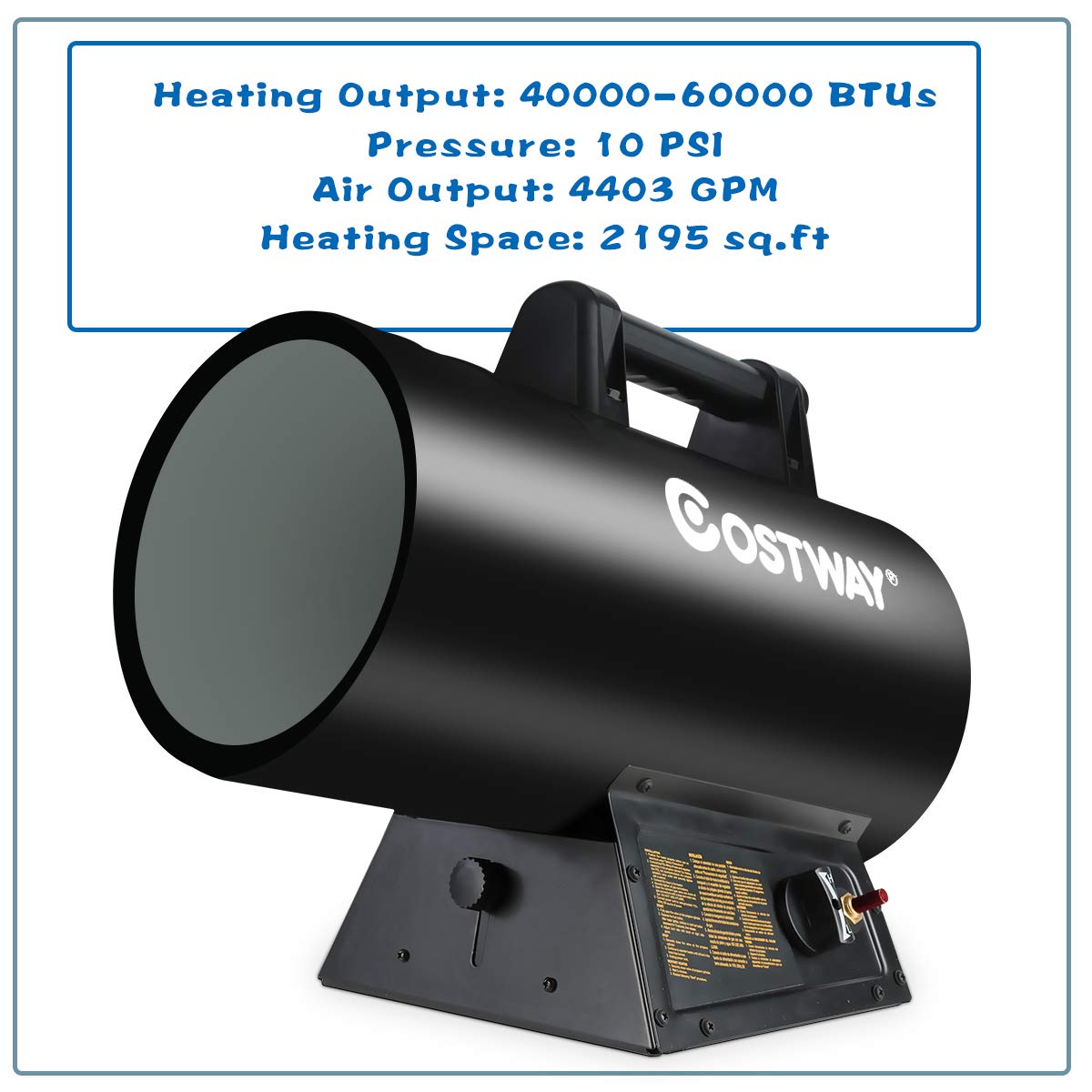 COSTWAY 60,000 BTU Forced Air Propane Heater, Space Heater with Overheat & Cut-off Protection, Portable Gas Heater Propane Heater for Garage, Warehouse, Workshop, Farm, Black