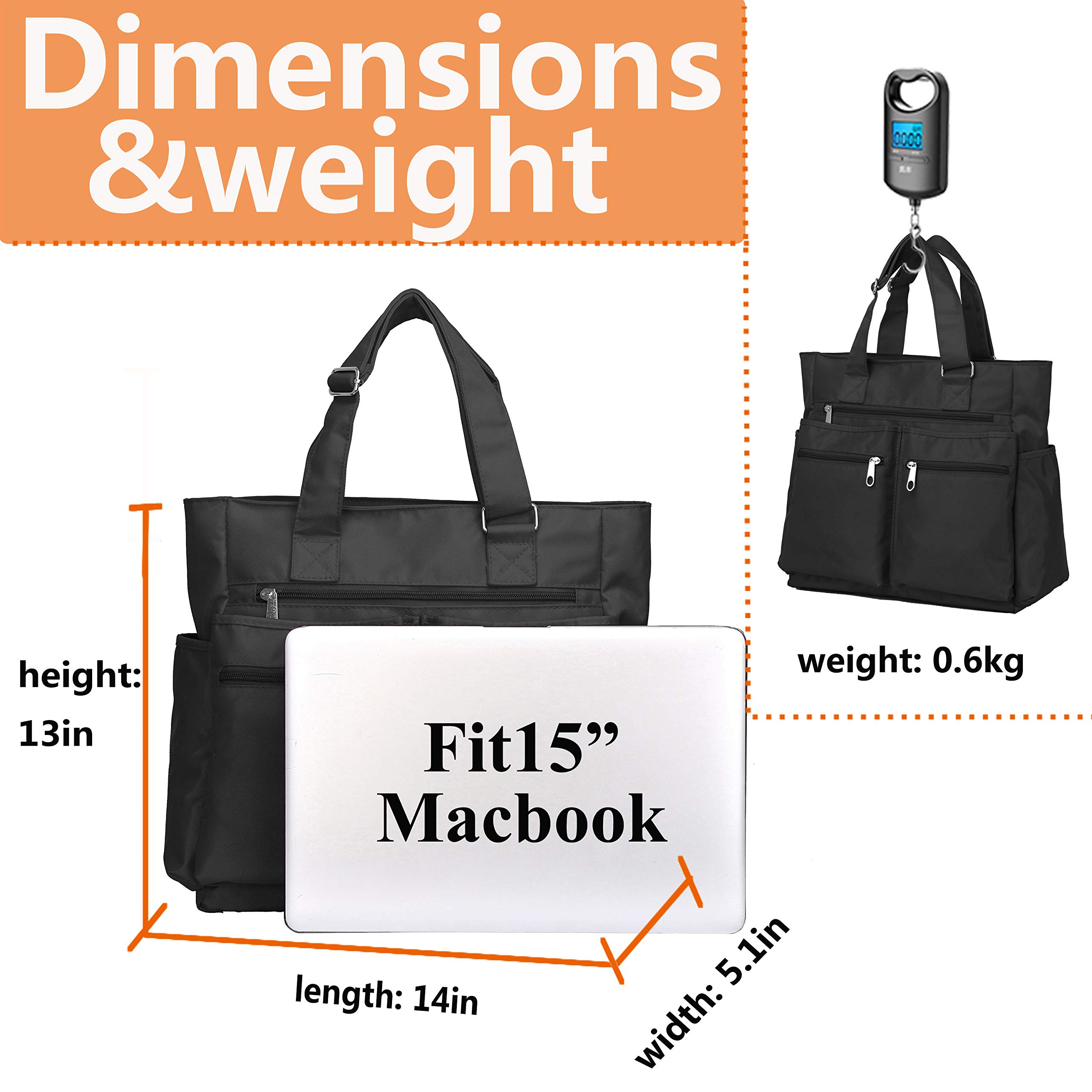 Canvas Tote Bag Waterproof Nylon Multi Pocket Shoulder Bags Laptop Work Bag Teacher Purse and Handbags for Women & Men (Black)