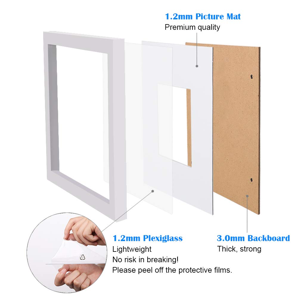 Egofine 11x14 Picture Frame White - Photo Frame Made of Solid Wood Covered by Plexiglass for Table Top Display Pictures 5x7/8x10 with Mat or 11x14 Without Mat - with Wall Mounting Hardware