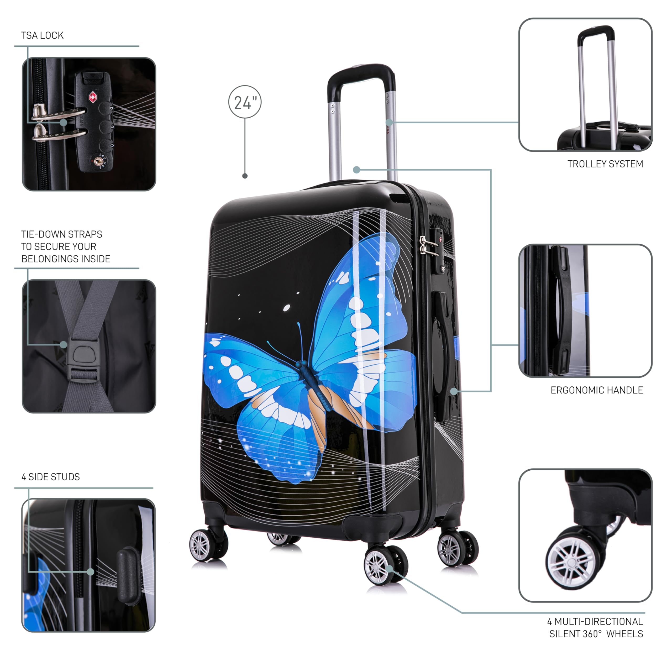 InUSA Black Butterfly Print Luggage with Spinner Wheels | Durable Lightweight Hardside Suitcase | Travel Bag with Handle and Trolley | 24-Inch Medium Checked luggage