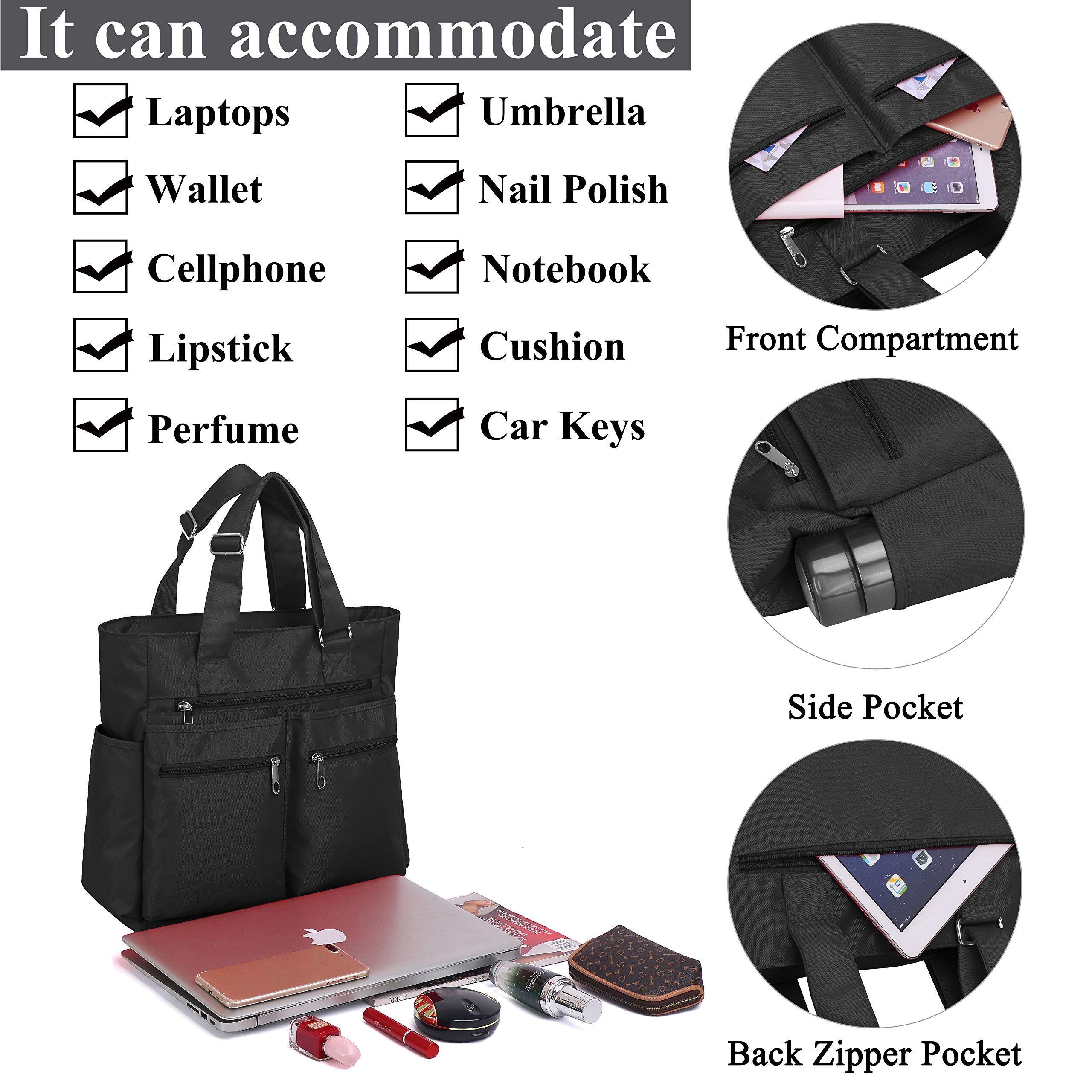 Canvas Tote Bag Waterproof Nylon Multi Pocket Shoulder Bags Laptop Work Bag Teacher Purse and Handbags for Women & Men (Black)