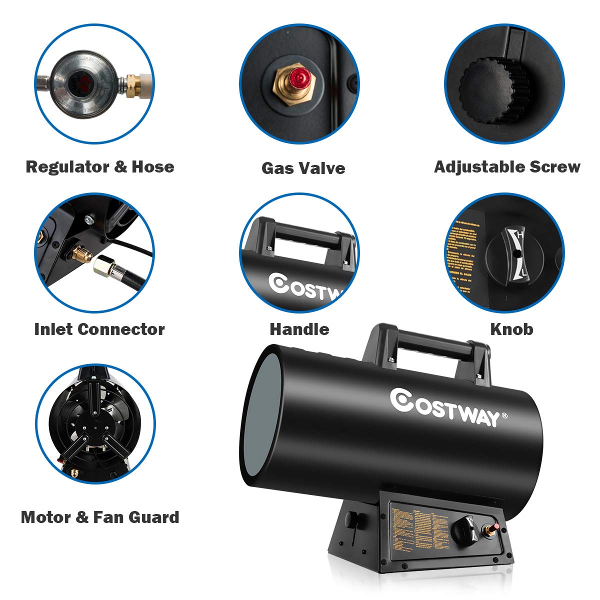 COSTWAY 60,000 BTU Forced Air Propane Heater, Space Heater with Overheat & Cut-off Protection, Portable Gas Heater Propane Heater for Garage, Warehouse, Workshop, Farm, Black