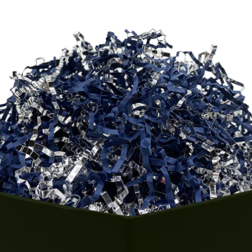 Cutcatwing 1/2 LB Navy Blue and Silver Metallic Crinkle Cut Paper Shred Filler Raffia Paper Shredded Filler for Gift Wrapping Bags Packing Baskets (Navy Blue & Silver)