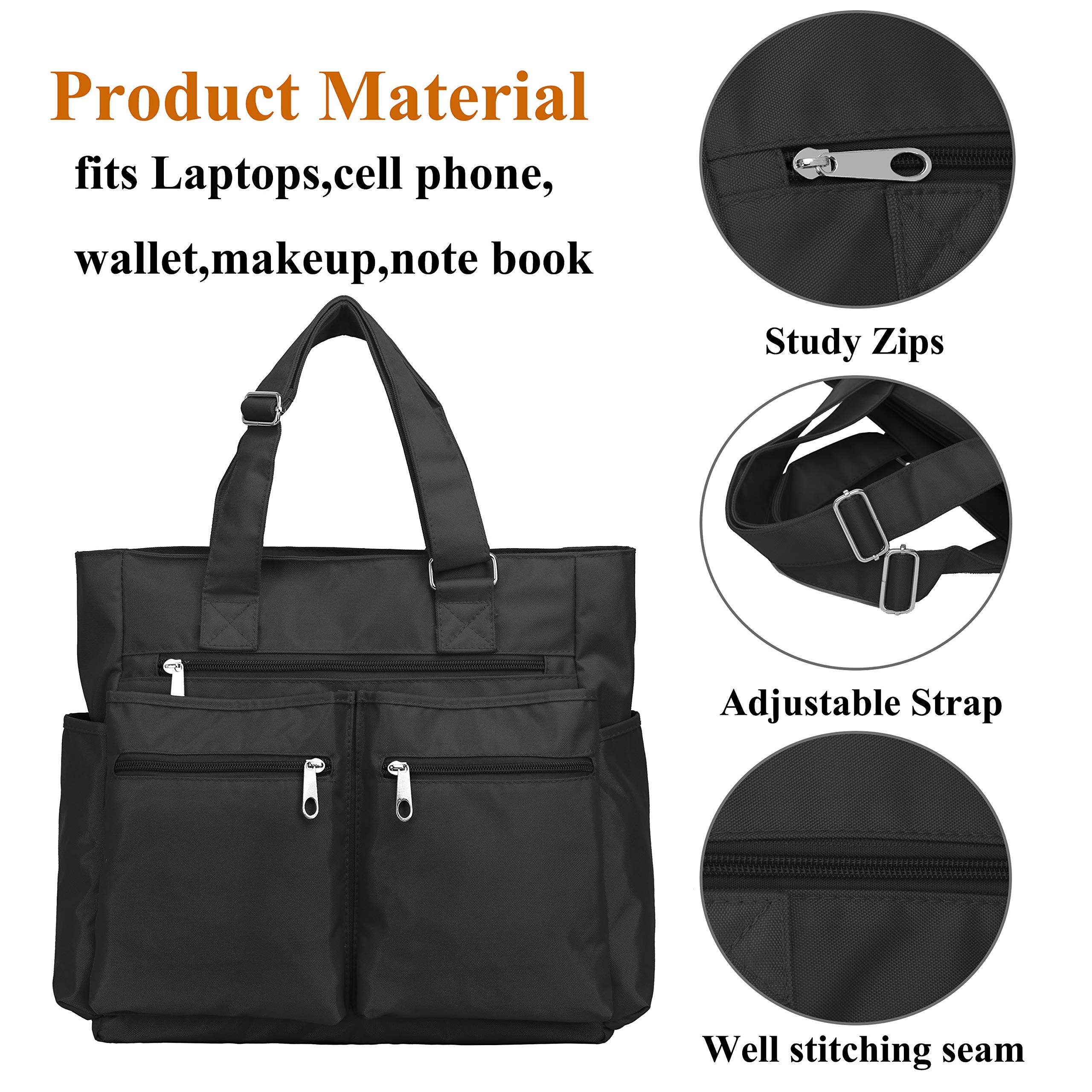 Canvas Tote Bag Waterproof Nylon Multi Pocket Shoulder Bags Laptop Work Bag Teacher Purse and Handbags for Women & Men (Black)