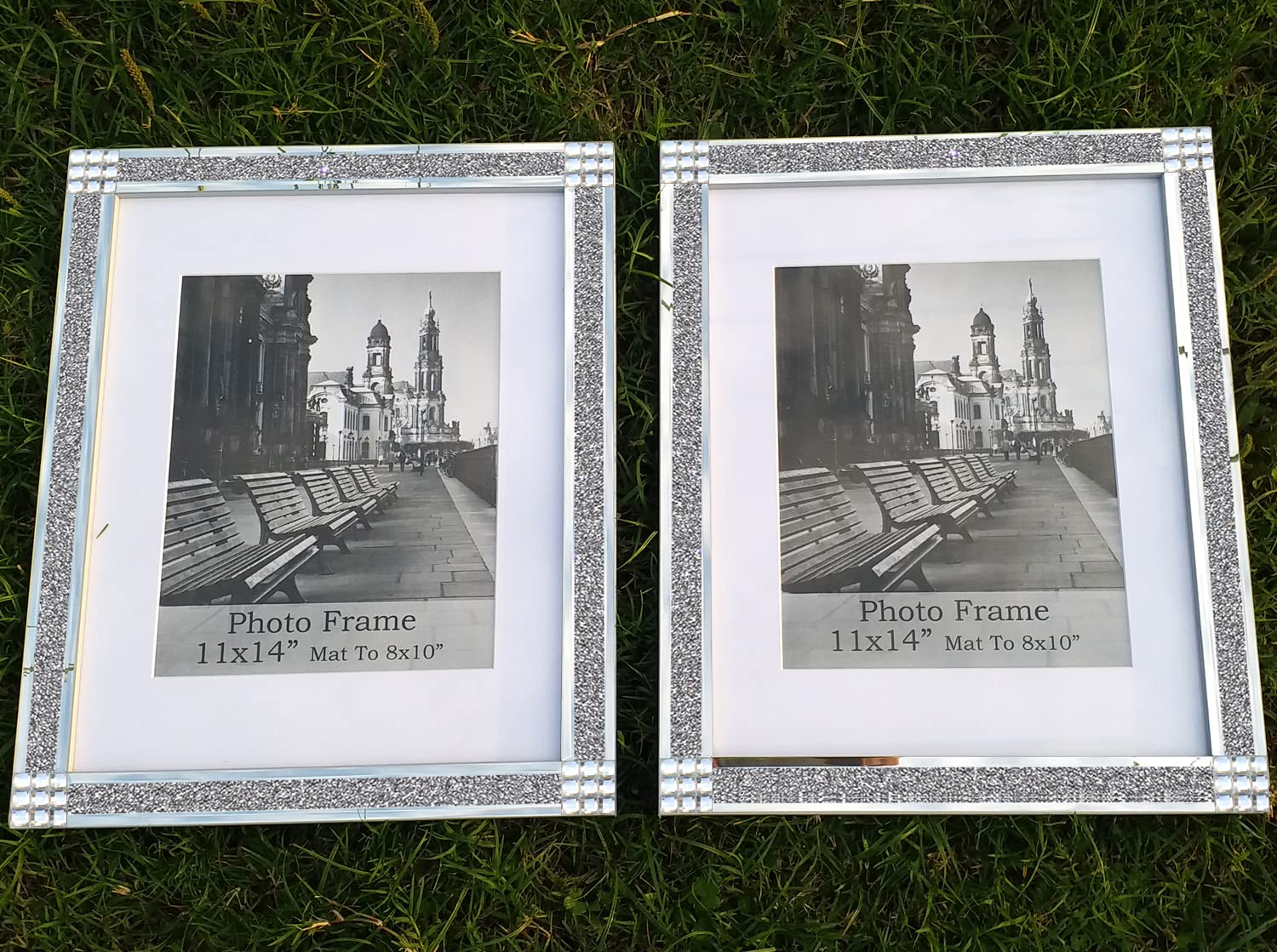 Meetart Sparkle Crystal Silver Glitter Mirror Glass Photo Frame 11x14 inch Mate to 8x10 inch 2 Piece Pack