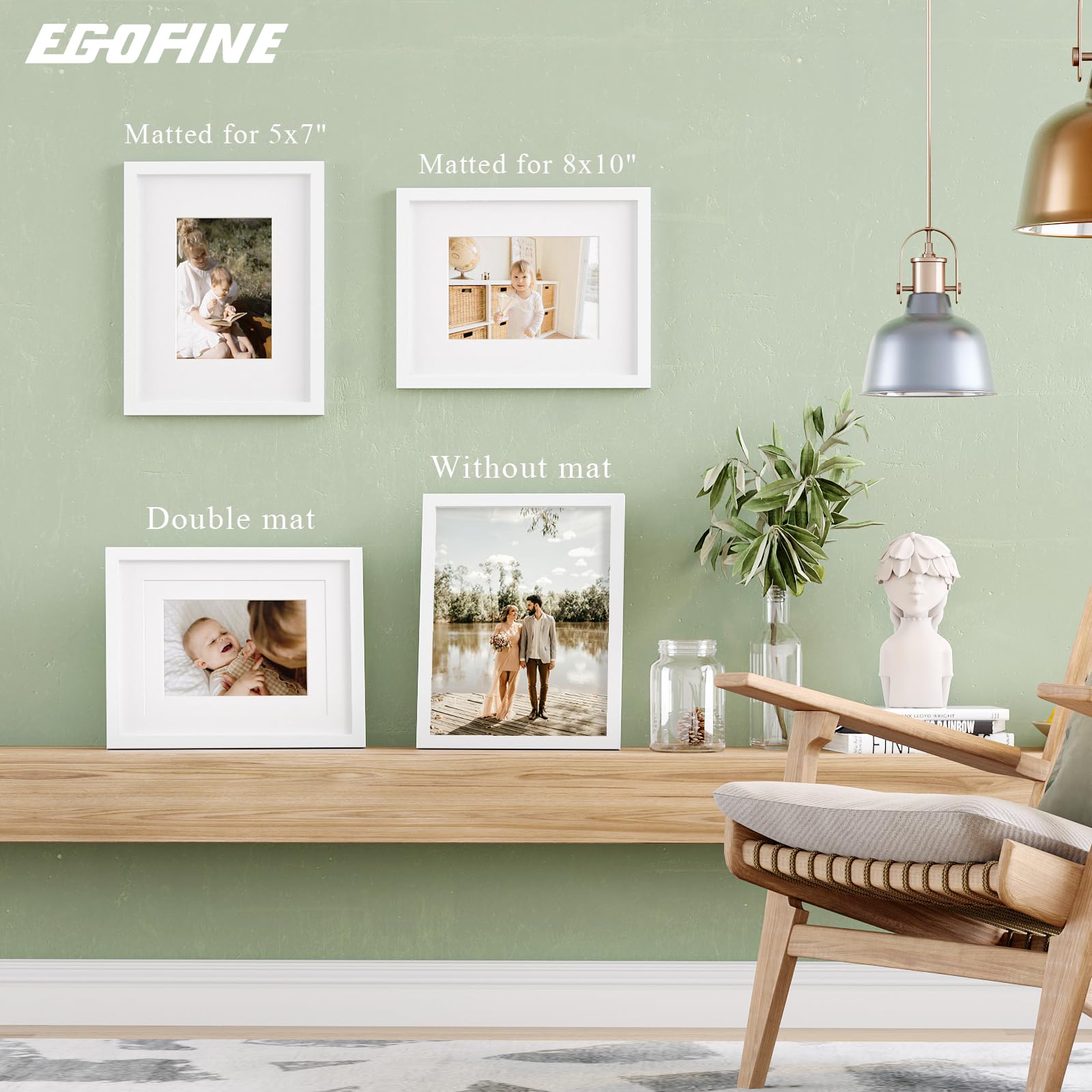 Egofine 11x14 Picture Frame White - Photo Frame Made of Solid Wood Covered by Plexiglass for Table Top Display Pictures 5x7/8x10 with Mat or 11x14 Without Mat - with Wall Mounting Hardware