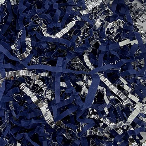 Cutcatwing 1/2 LB Navy Blue and Silver Metallic Crinkle Cut Paper Shred Filler Raffia Paper Shredded Filler for Gift Wrapping Bags Packing Baskets (Navy Blue & Silver)