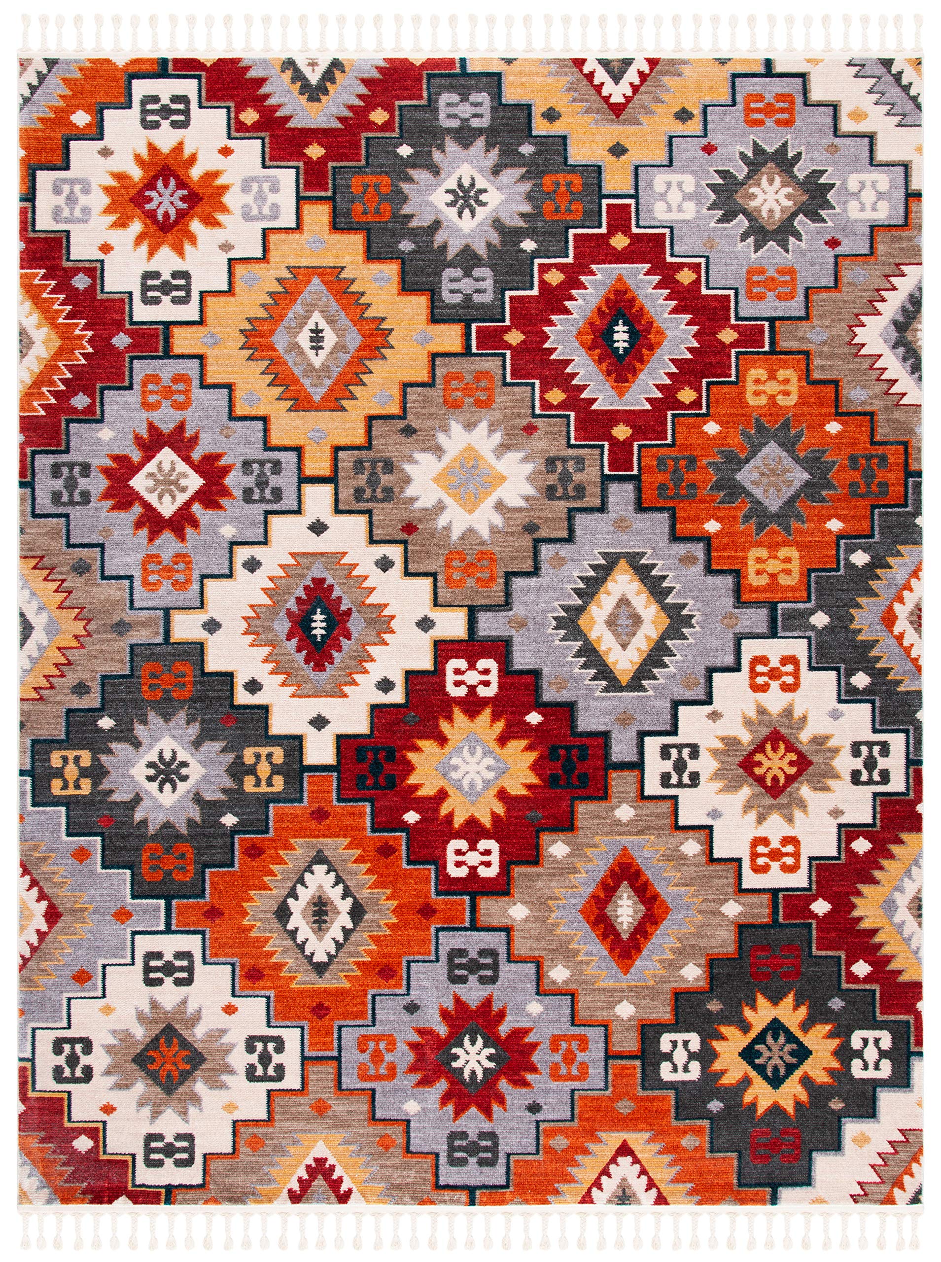 SAFAVIEH Farmhouse Collection 8' x 10' Grey / Red FMH805F Moroccan Boho Tassel Area Rug