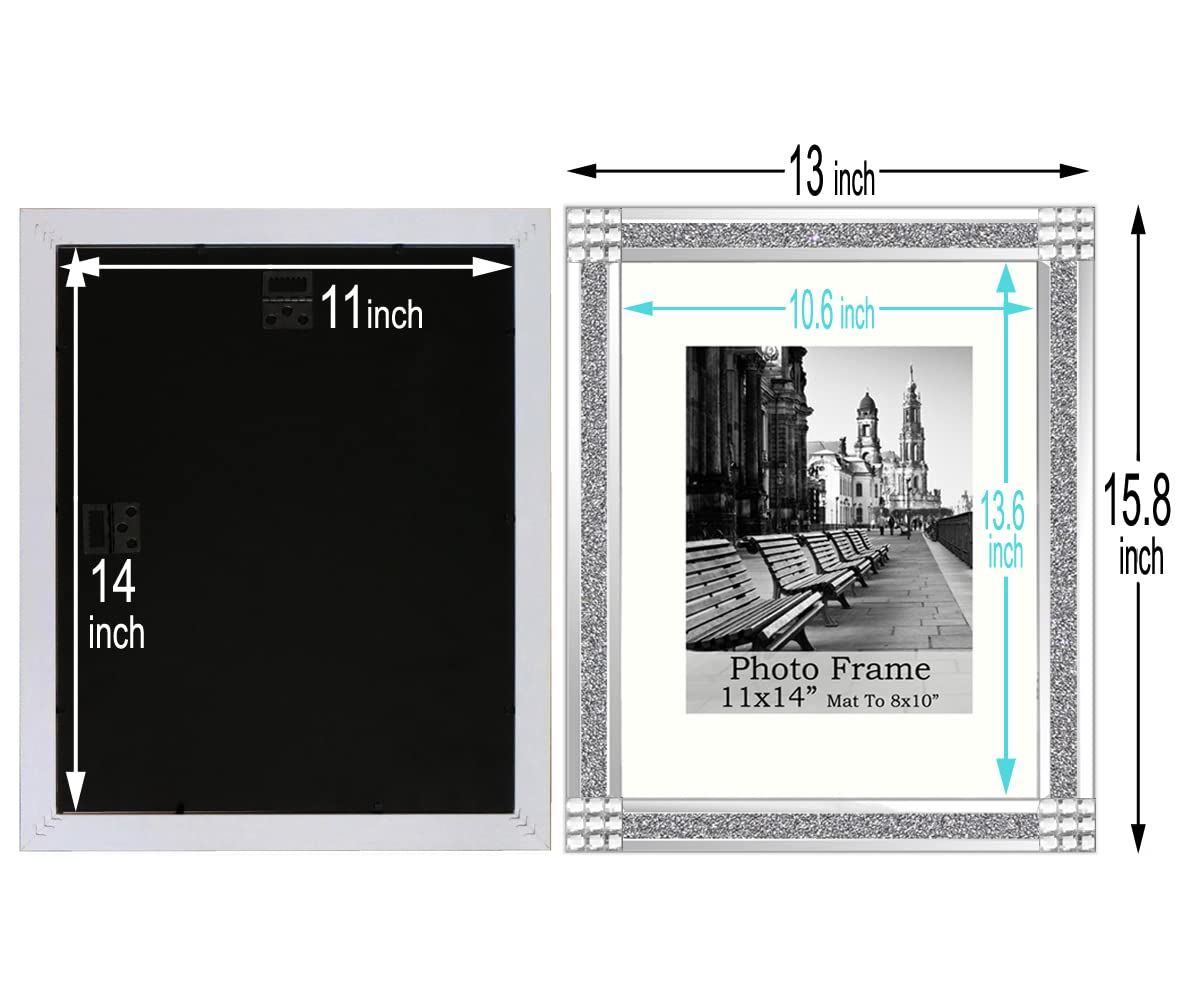 Meetart Sparkle Crystal Silver Glitter Mirror Glass Photo Frame 11x14 inch Mate to 8x10 inch 2 Piece Pack