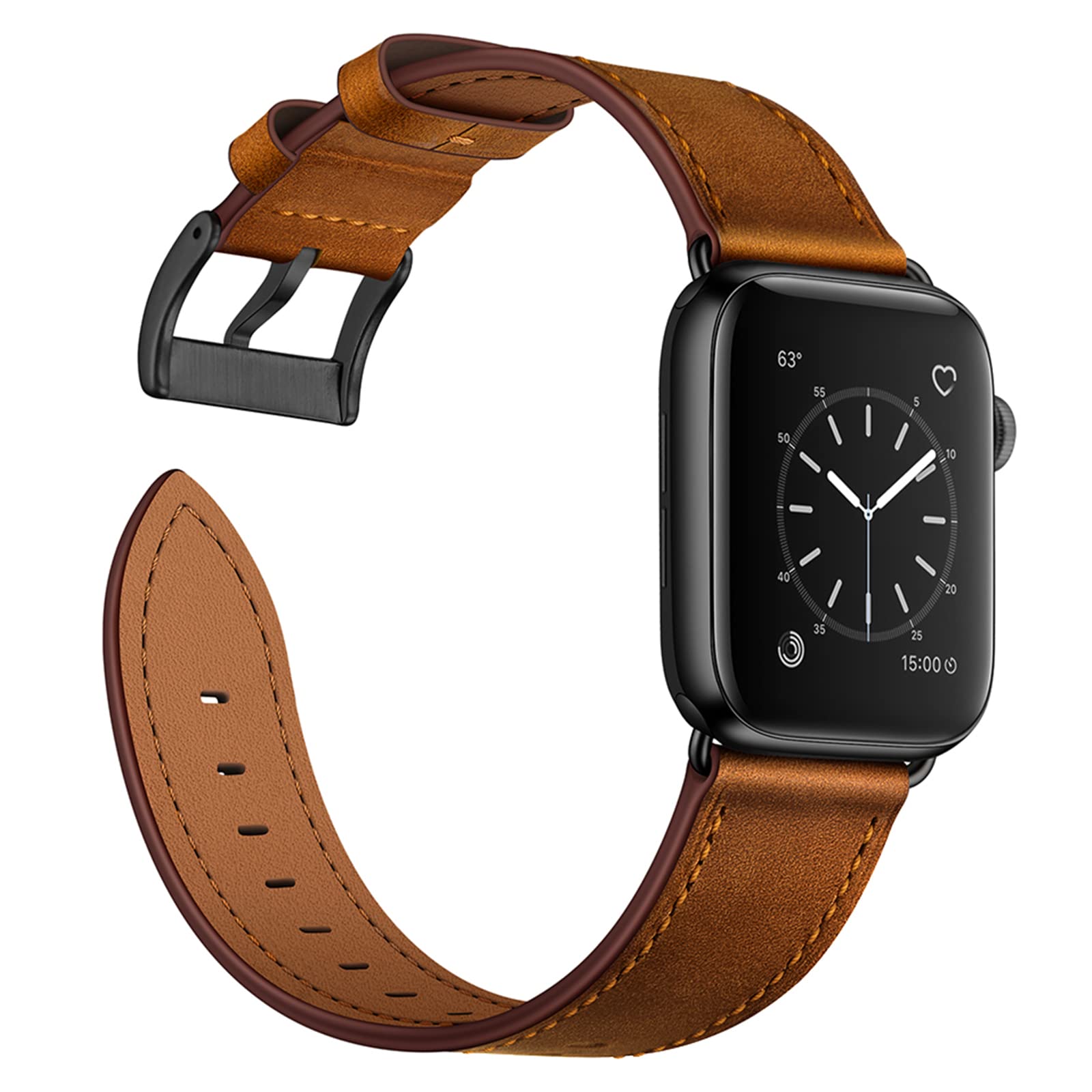 OUHENG Compatible with Apple Watch Band 49mm/46mm/45mm/44mm/42mm, Genuine Leather Band Strap Compatible with Apple Watch Ultra 2/1 Series 10/9/8/7/6/5/4/3/2/1/SE, Retro Brown/Black