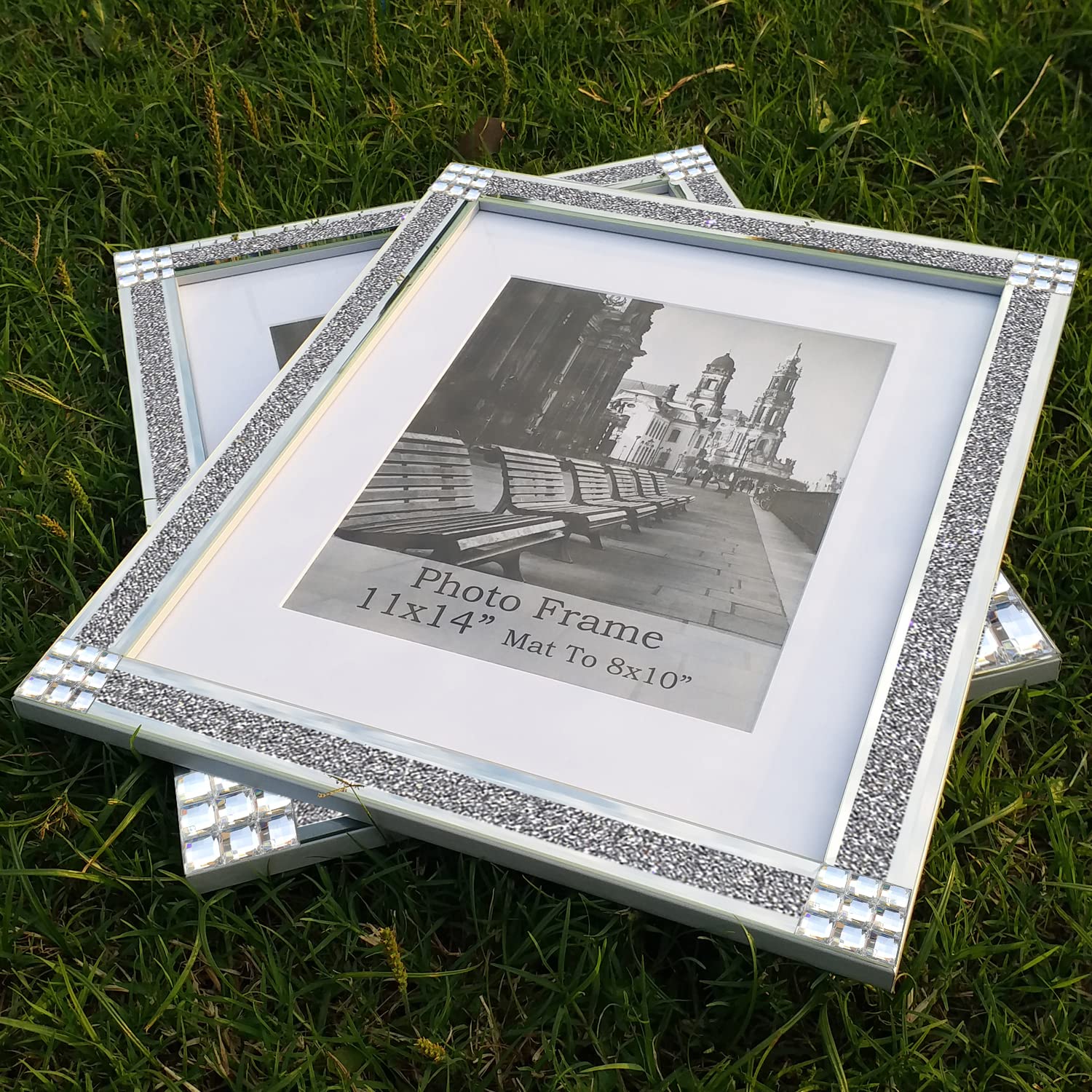 Meetart Sparkle Crystal Silver Glitter Mirror Glass Photo Frame 11x14 inch Mate to 8x10 inch 2 Piece Pack