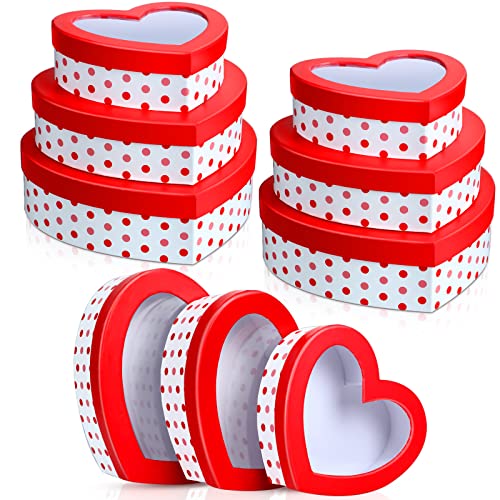 9 Pieces Mother's Day Heart Shaped Gift Boxes with Transparent Window Red Heart Dot Flower Boxes Cardboard Floral Gift Goody Box for Holiday Decorative Present Wrapping Packaging, 3 Sizes