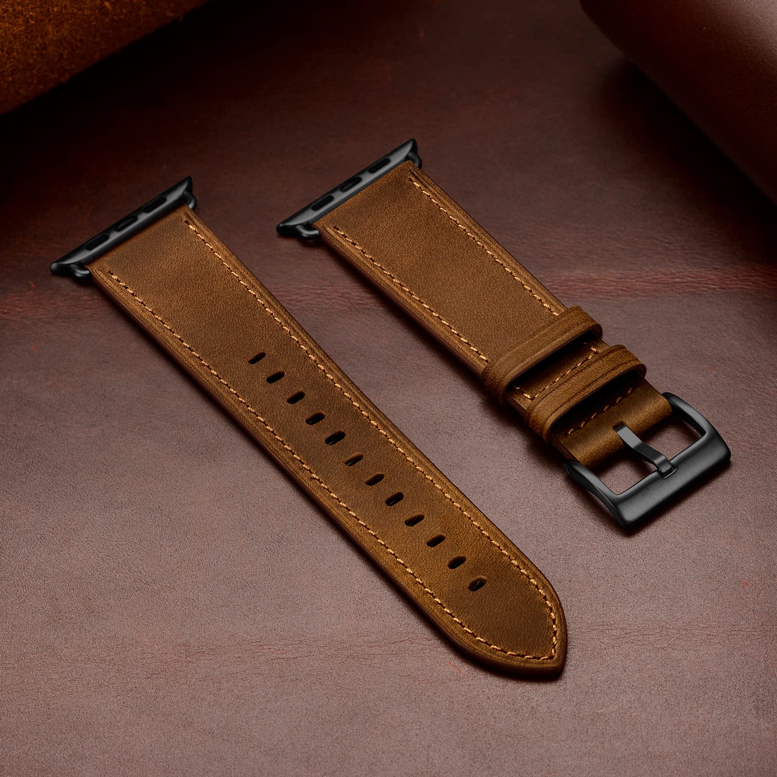 OUHENG Compatible with Apple Watch Band 49mm/46mm/45mm/44mm/42mm, Genuine Leather Band Strap Compatible with Apple Watch Ultra 2/1 Series 10/9/8/7/6/5/4/3/2/1/SE, Retro Brown/Black