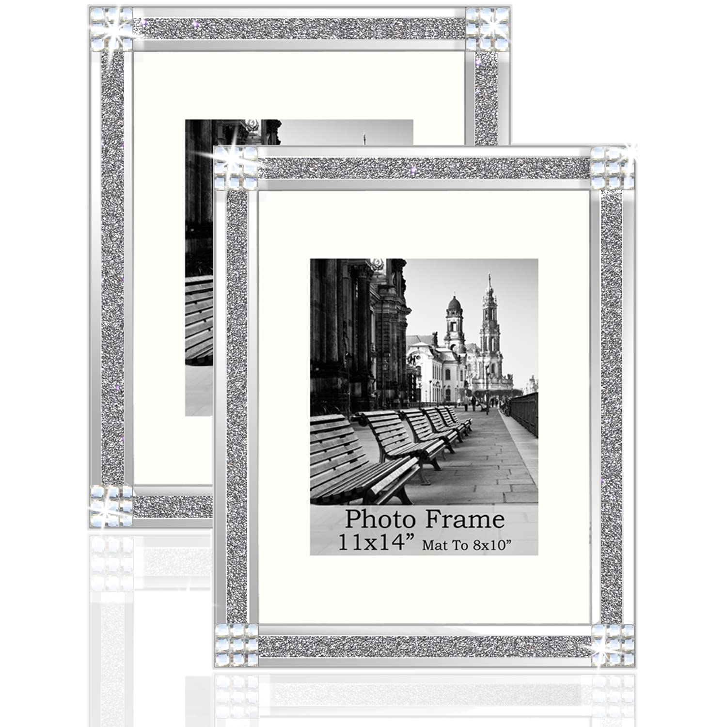 Meetart Sparkle Crystal Silver Glitter Mirror Glass Photo Frame 11x14 inch Mate to 8x10 inch 2 Piece Pack
