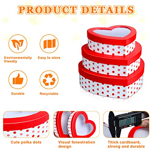 9 Pieces Mother's Day Heart Shaped Gift Boxes with Transparent Window Red Heart Dot Flower Boxes Cardboard Floral Gift Goody Box for Holiday Decorative Present Wrapping Packaging, 3 Sizes