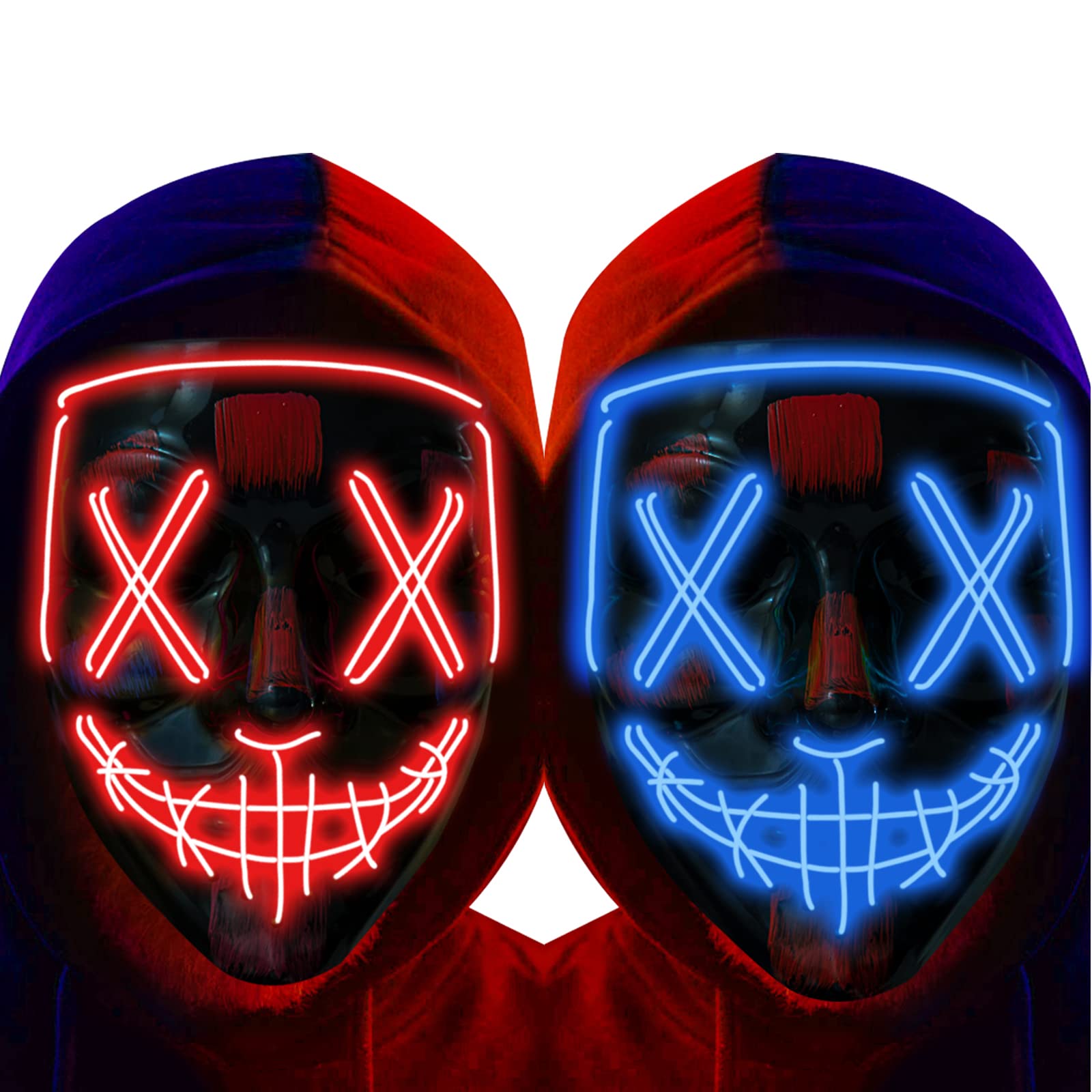 anroog Halloween Mask LED Light up Mask (2 Pack) Scary mask for Festival Cosplay Halloween Costume Masquerade Parties,Carnival (Red+Blue)
