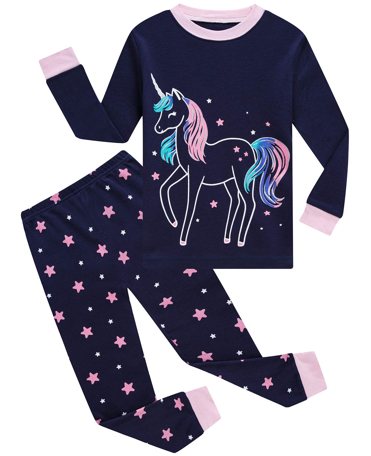 Little Pajamas 100% Cotton Girls Long Sleeve Pjs Unicorn Glow in The Dark Kids Sleepwear Size 5 Blue