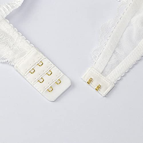 4 Piece Women Lace Lingerie Set with Garter Belts and Stockings Unlined Balconette Bra with Underwire White
