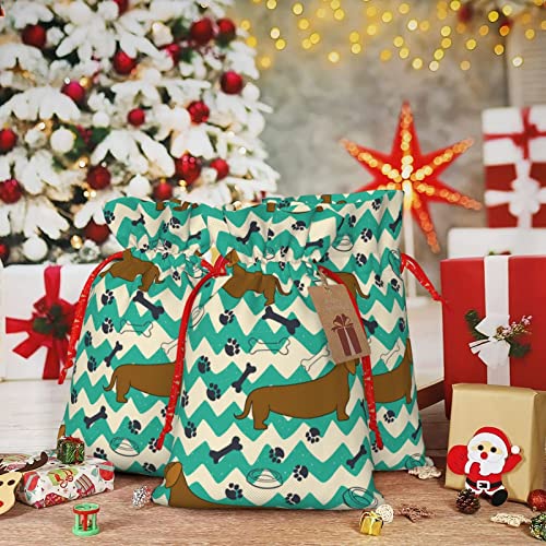 Drawstrings Christmas Gift Bags Cartoon-Dachshunds-Bones-Paw Presents Wrapping Bags Xmas Gift Wrapping Sacks Pouches Medium