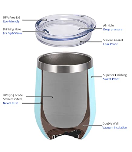 SUNWILL Insulated Wine Tumbler with Lid (Pearl Blue), Stemless Stainless Steel Insulated Wine Glass 12oz, Double Wall Durable Coffee Mug, for Champaign, Cocktail, Beer, Office use