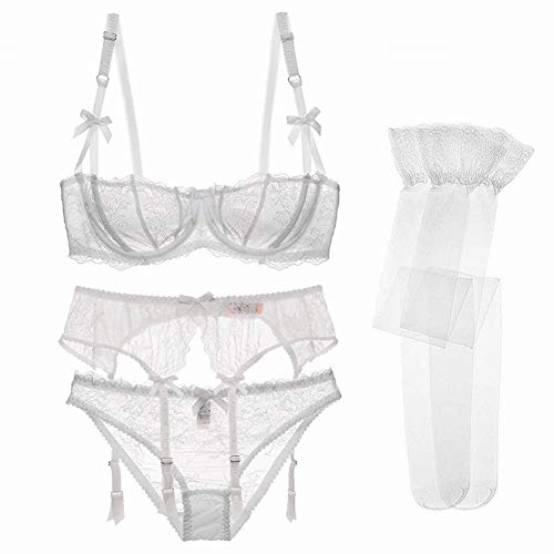 4 Piece Women Lace Lingerie Set with Garter Belts and Stockings Unlined Balconette Bra with Underwire White