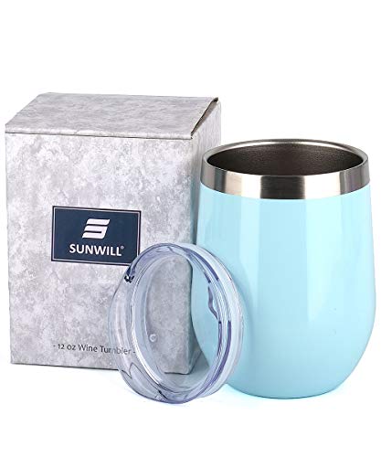 SUNWILL Insulated Wine Tumbler with Lid (Pearl Blue), Stemless Stainless Steel Insulated Wine Glass 12oz, Double Wall Durable Coffee Mug, for Champaign, Cocktail, Beer, Office use