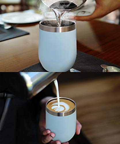 SUNWILL Insulated Wine Tumbler with Lid (Pearl Blue), Stemless Stainless Steel Insulated Wine Glass 12oz, Double Wall Durable Coffee Mug, for Champaign, Cocktail, Beer, Office use