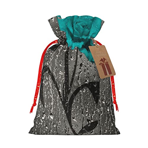 Teal Gray Rose Flowerchristmas Drawstring Gift Bag, Linen Drawstring Gift Bag, Reusable Drawstring Gift Bag, Used For Christmas, Birthday, Wedding Supplies