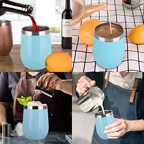 SUNWILL Insulated Wine Tumbler with Lid (Pearl Blue), Stemless Stainless Steel Insulated Wine Glass 12oz, Double Wall Durable Coffee Mug, for Champaign, Cocktail, Beer, Office use