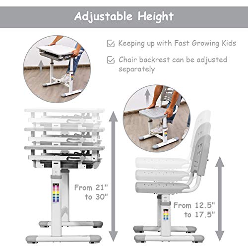 BABY JOY Kids Desk and Chair Set, Height Adjustable Child Desk Set w/Tilt Desktop, Pull Out Drawer Storage, Metal Hook, Multifunctional School Student Study Desk Chair for Boys & Girls (Grey)