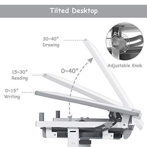BABY JOY Kids Desk and Chair Set, Height Adjustable Child Desk Set w/Tilt Desktop, Pull Out Drawer Storage, Metal Hook, Multifunctional School Student Study Desk Chair for Boys & Girls (Grey)