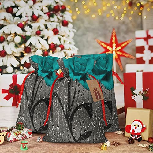 Teal Gray Rose Flowerchristmas Drawstring Gift Bag, Linen Drawstring Gift Bag, Reusable Drawstring Gift Bag, Used For Christmas, Birthday, Wedding Supplies