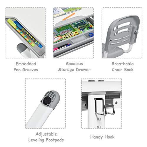 BABY JOY Kids Desk and Chair Set, Height Adjustable Child Desk Set w/Tilt Desktop, Pull Out Drawer Storage, Metal Hook, Multifunctional School Student Study Desk Chair for Boys & Girls (Grey)