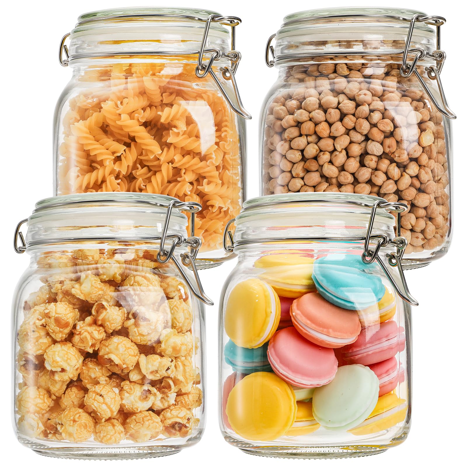 Kingrol 4 Pack 34 Ounces Glass Jars, Wide Mouth Storage Canister Jars with Bail and Trigger Clamp Lids for Pickling, Preserving, Canning, Dry Food Storage